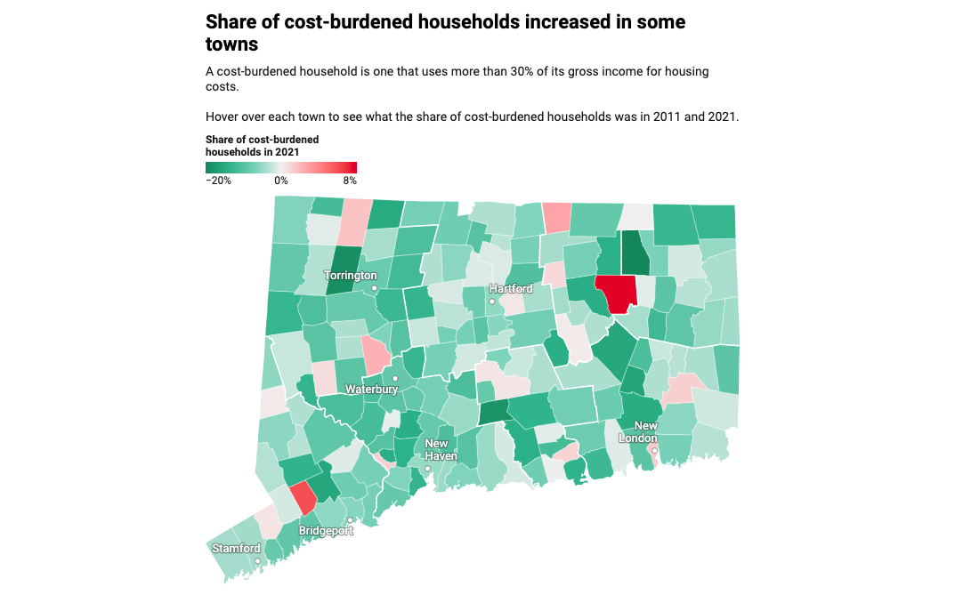 MAP: Percentage of 'cost-burdened' households in each CT town